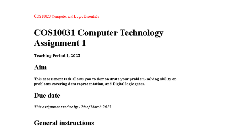 COS10031 Computer Technology Assignment 1 - Data Representation & Logic ...