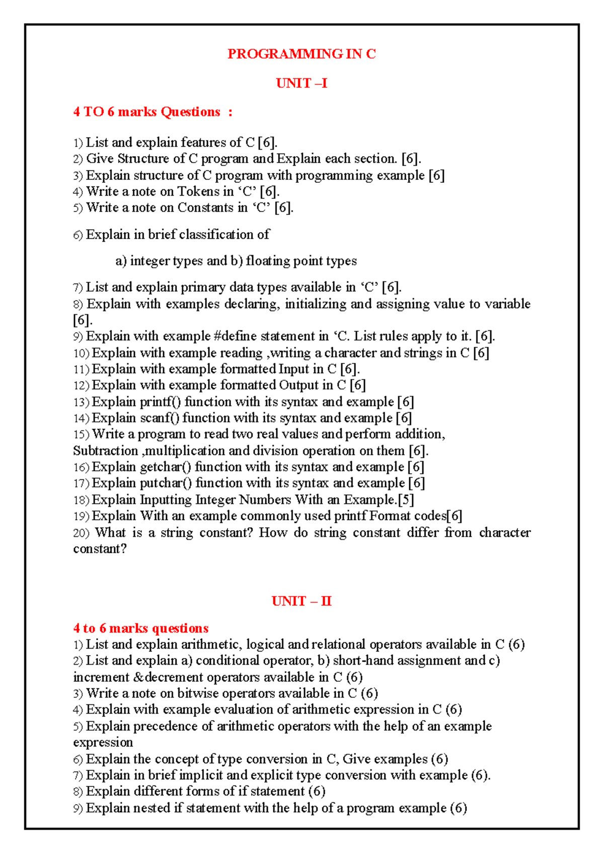 Programming in C: QB Important Notes for Units 4 to 6 - Studocu