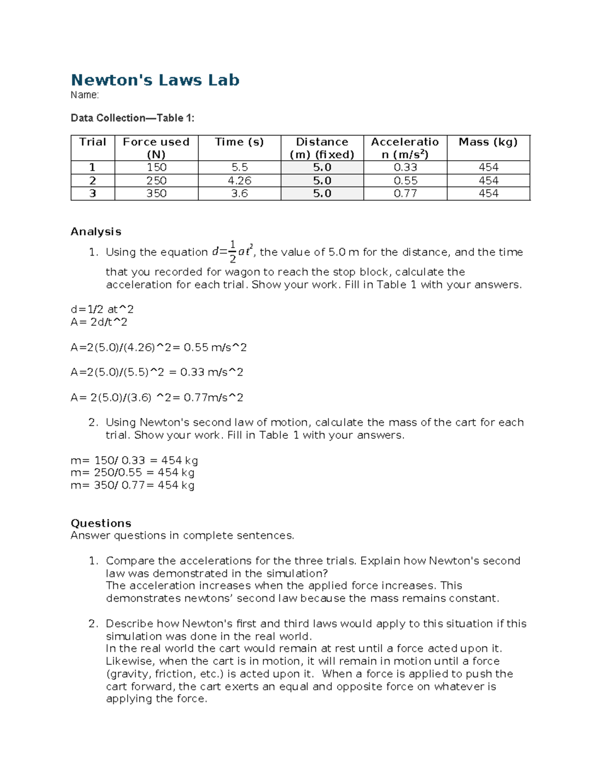 02.08 Newton's Laws Lab Report and Analysis - Studocu