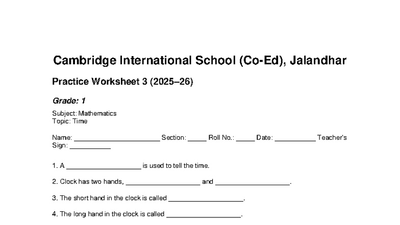 Mathematics Time Worksheet for Grade 1 - Cambridge Intl School - Studocu