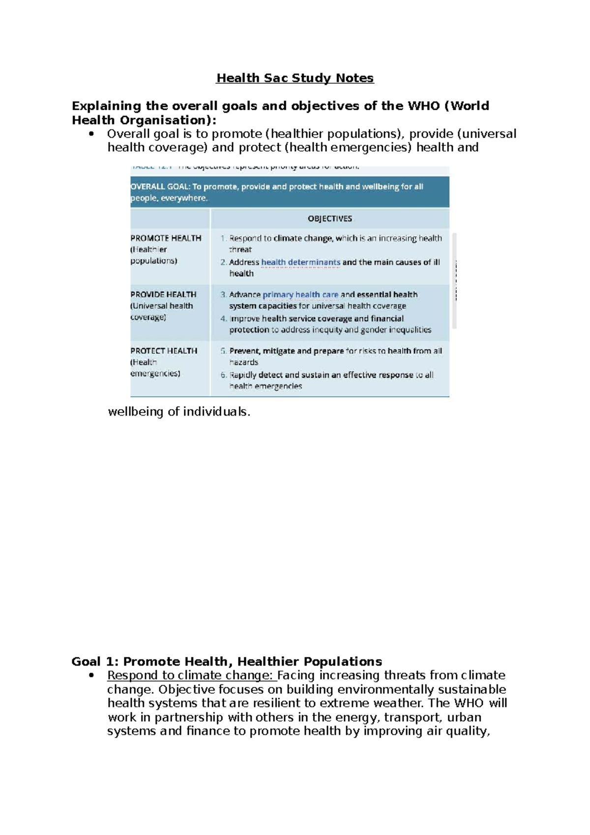 Health Sac Study Notes: WHO Goals for Health Promotion & Coverage - Studocu