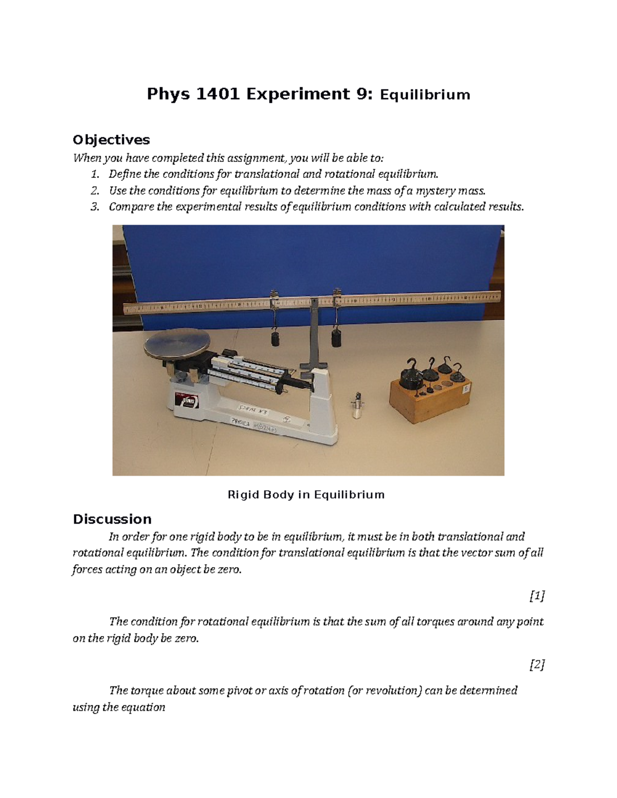 Phys 1401: Experiment 9 - Exploring Equilibrium Concepts and ...