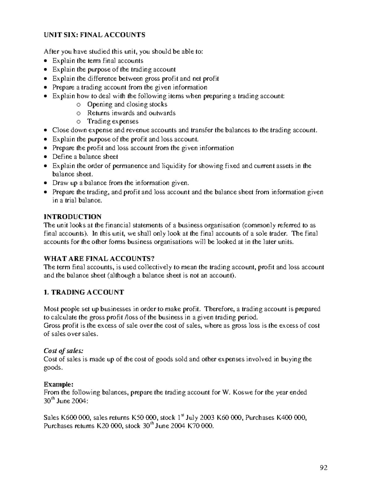 Financial Accounting - module 2 - UNIT SIX: FINAL ACCOUNTS After you ...