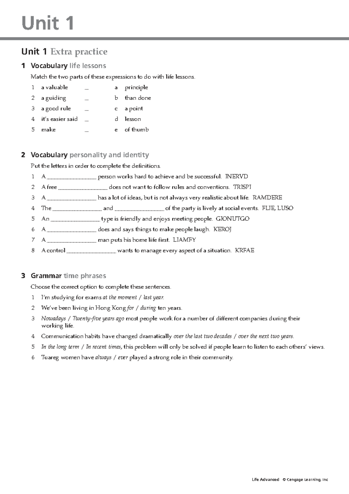 Adv Unit 1 Extra Practice: Vocabulary & Grammar Life Lessons - Studocu