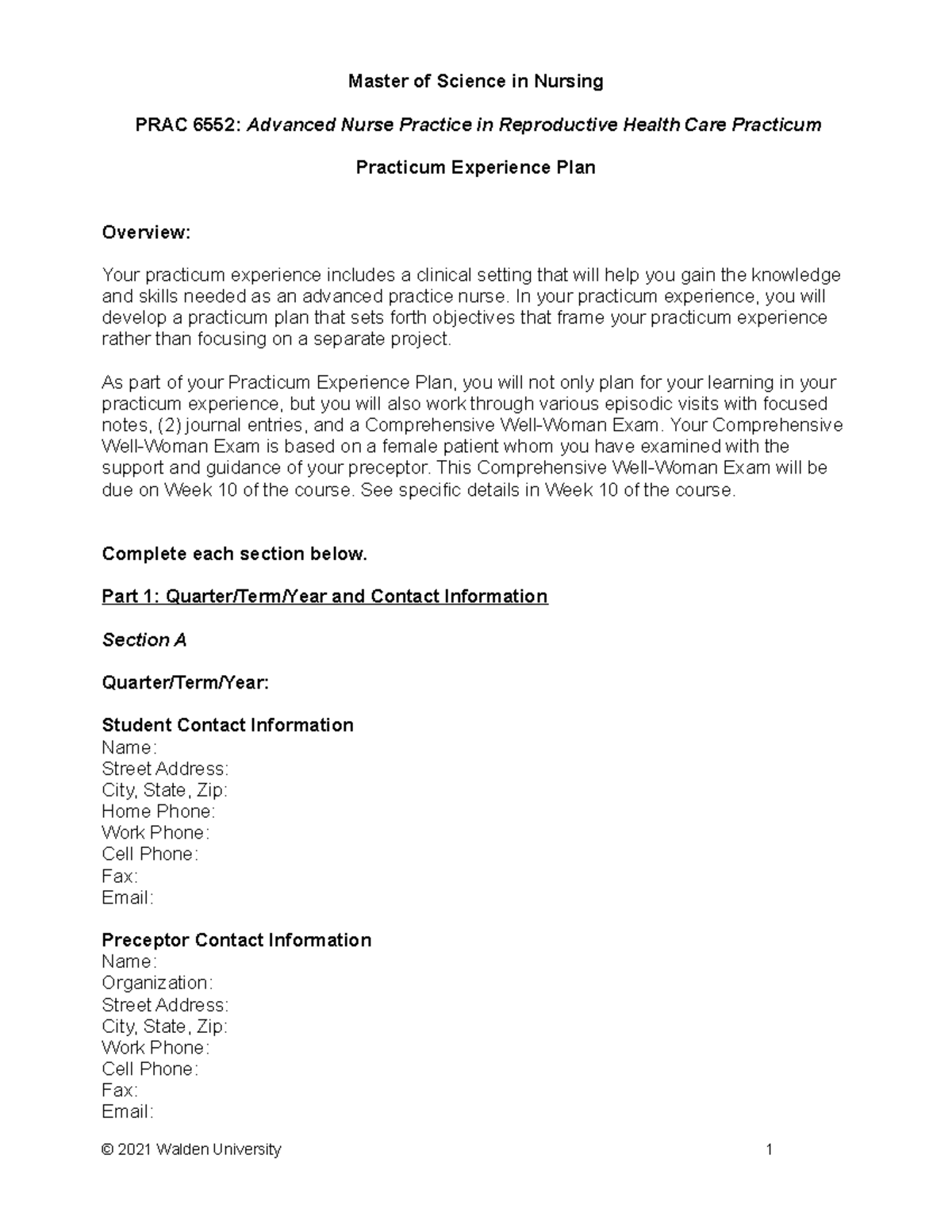 PRAC 6552 Practicum Experience Plan: MS Nursing Final Submission - Studocu