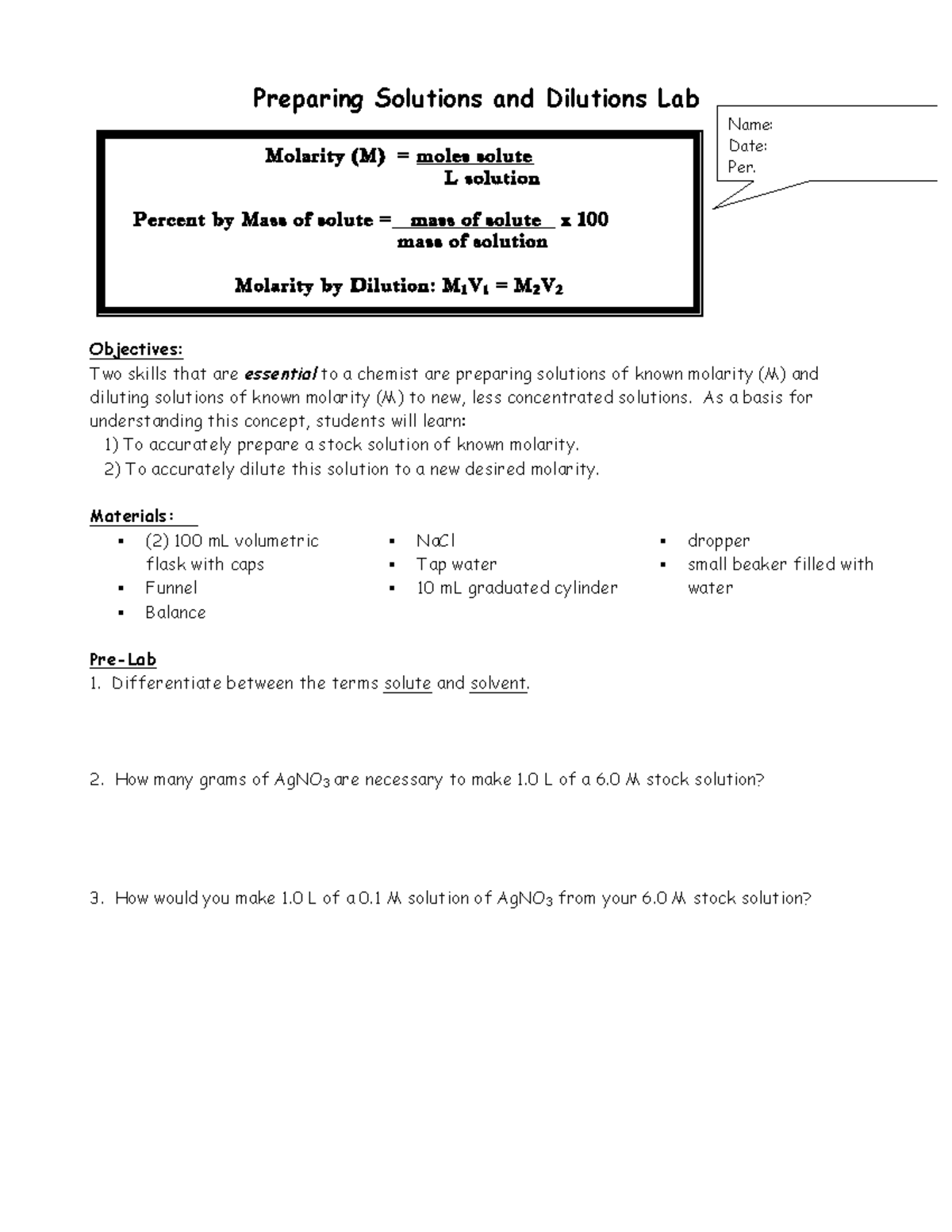 Molarity and dilution lab - Preparing Solutions and Dilutions Lab ...