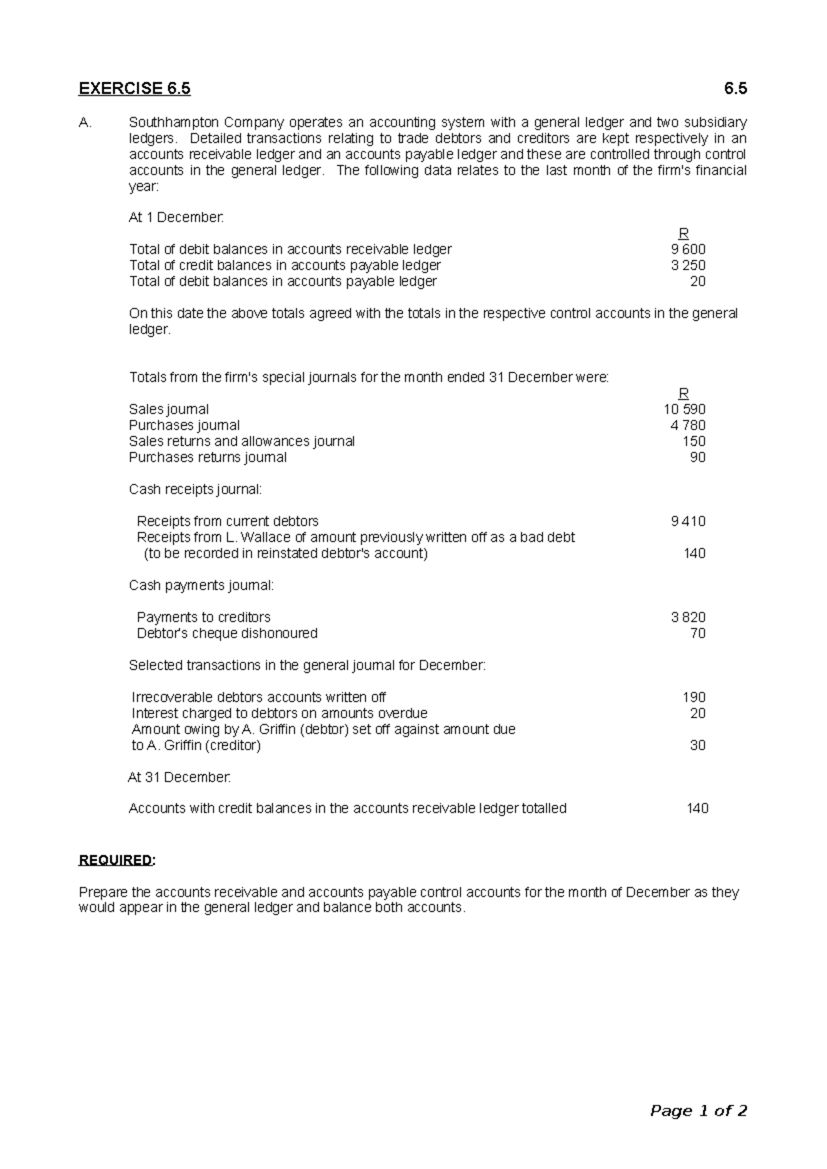 Exercise 6.5 (2025): Accounts Receivable & Payable Control Accounts ...