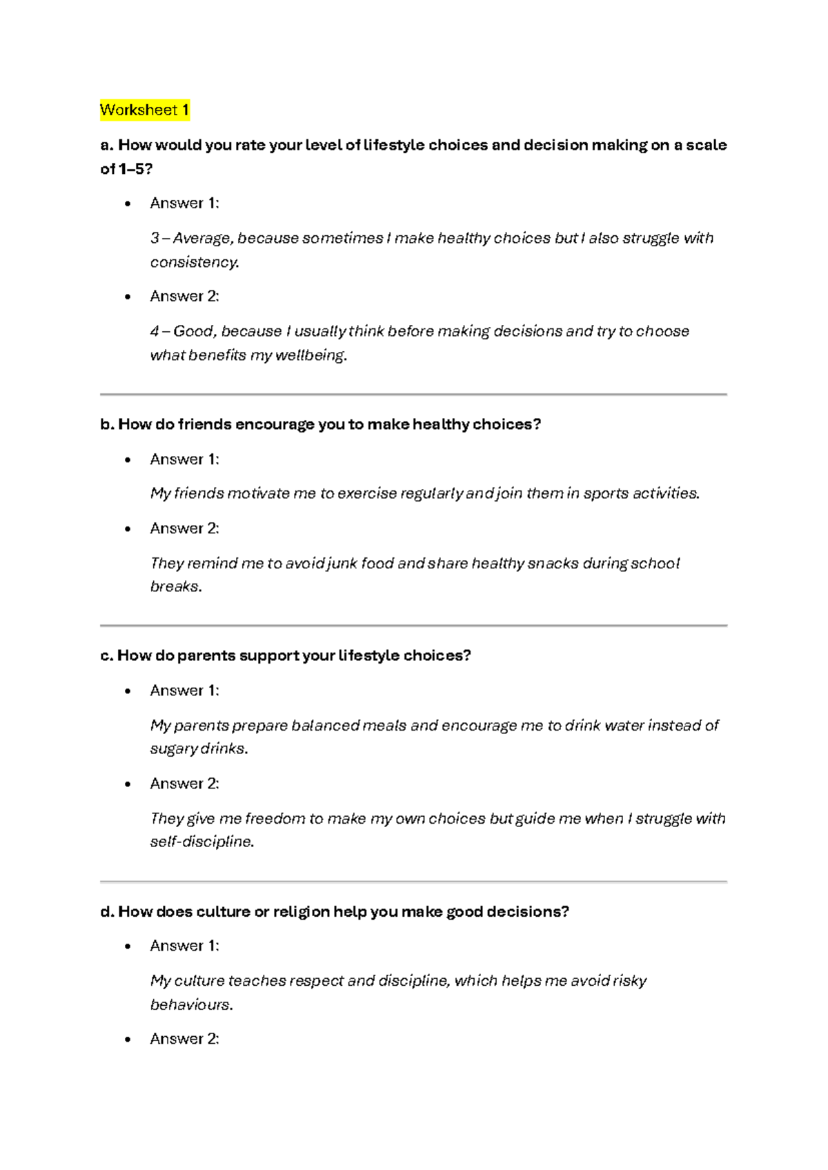 Worksheet 1 - MAPS: Evaluating Lifestyle Choices & Decision Making ...