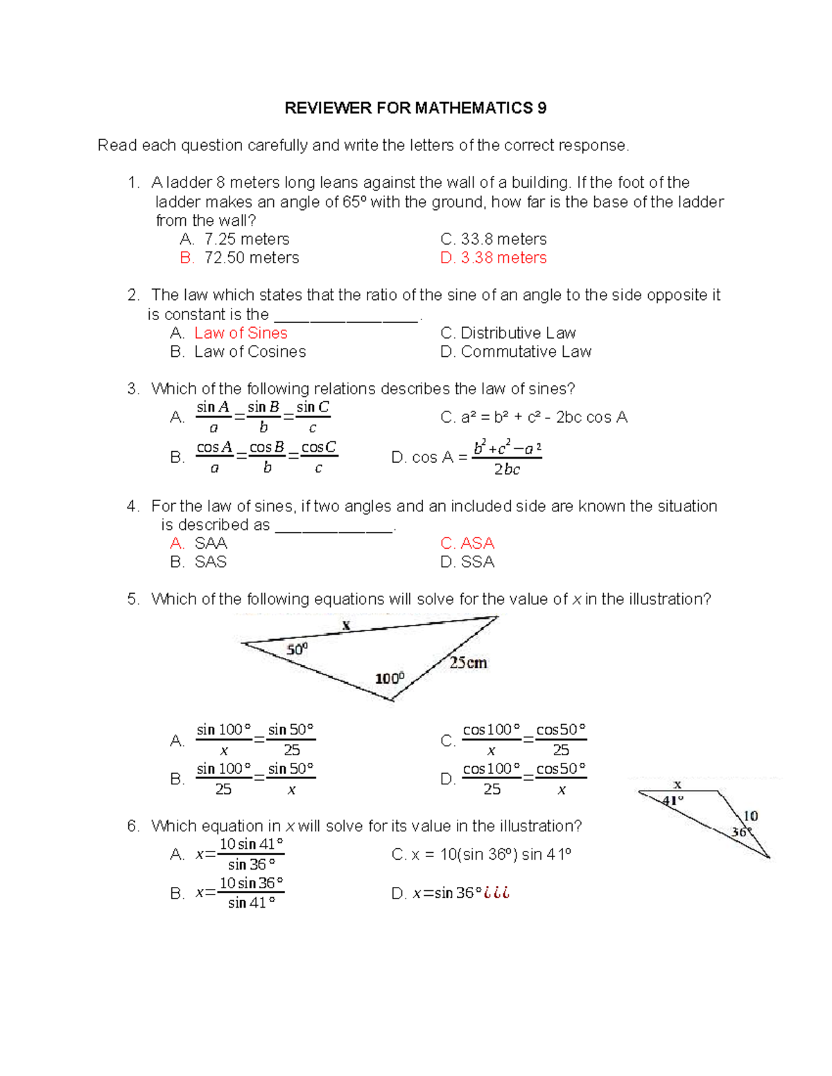 Mathematics 9 Final Exam Reviewer: Key Concepts and Problems - Studocu