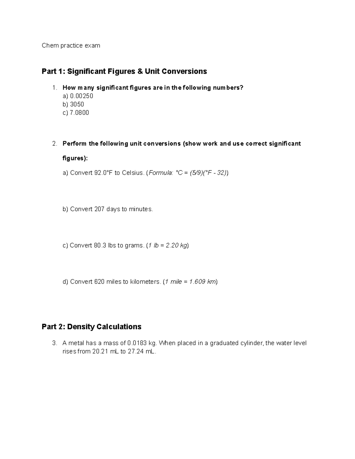 Chem practice exam - Chem practice exam Part 1: Significant Figures ...