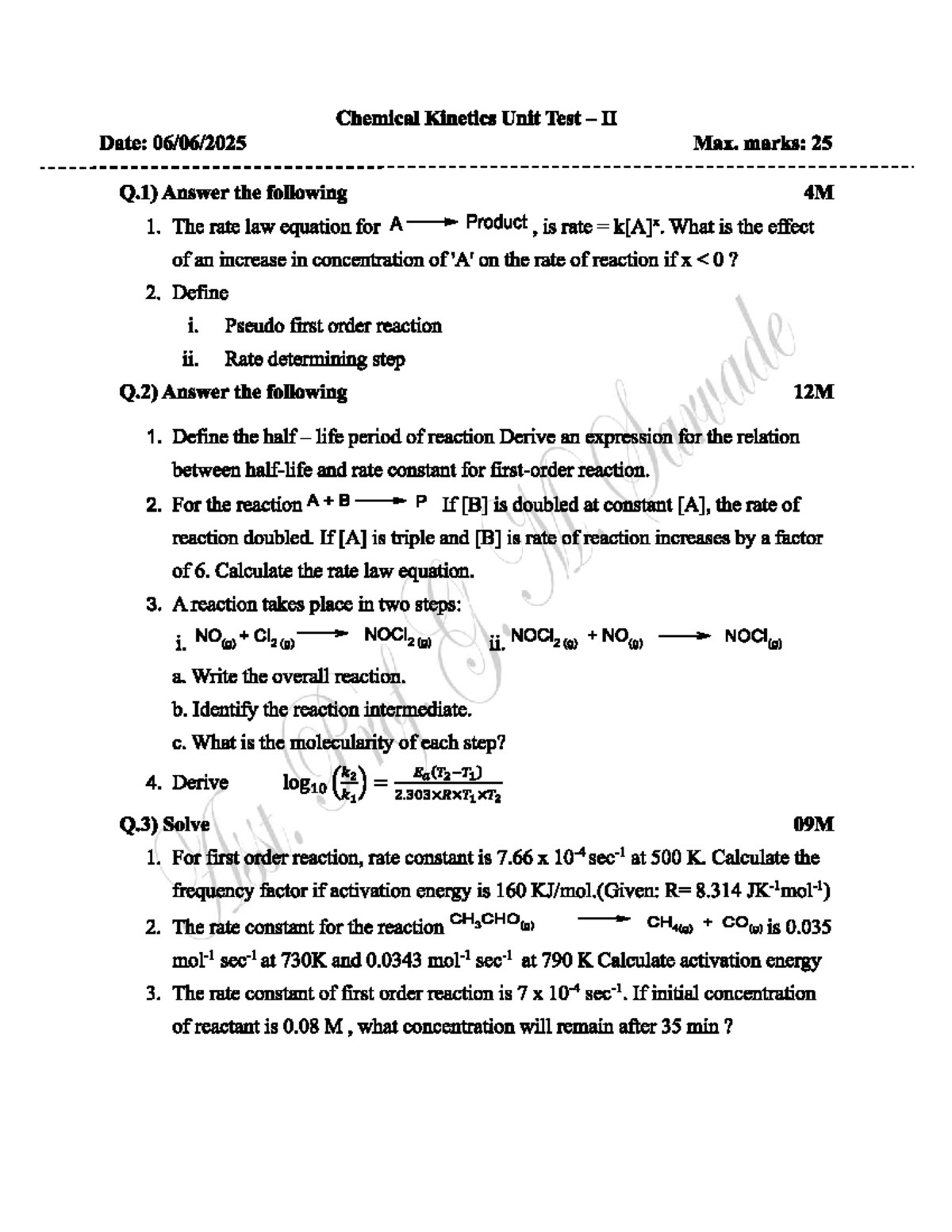 Chemical Kinetics Unit Test II: Key Concepts and Problem Solving - Studocu