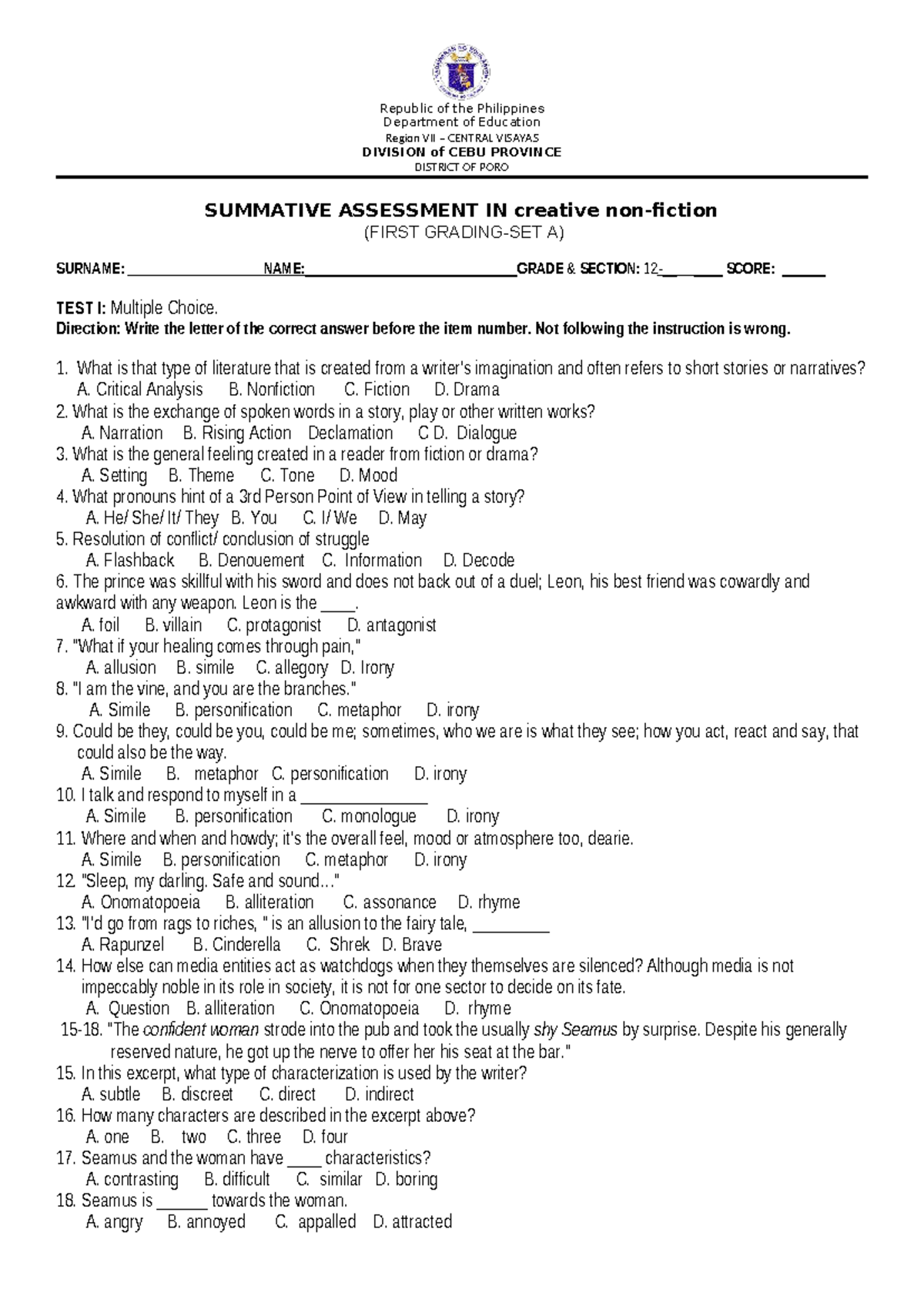Summative Assessment in Creative Literature (FIRST A) - Studocu