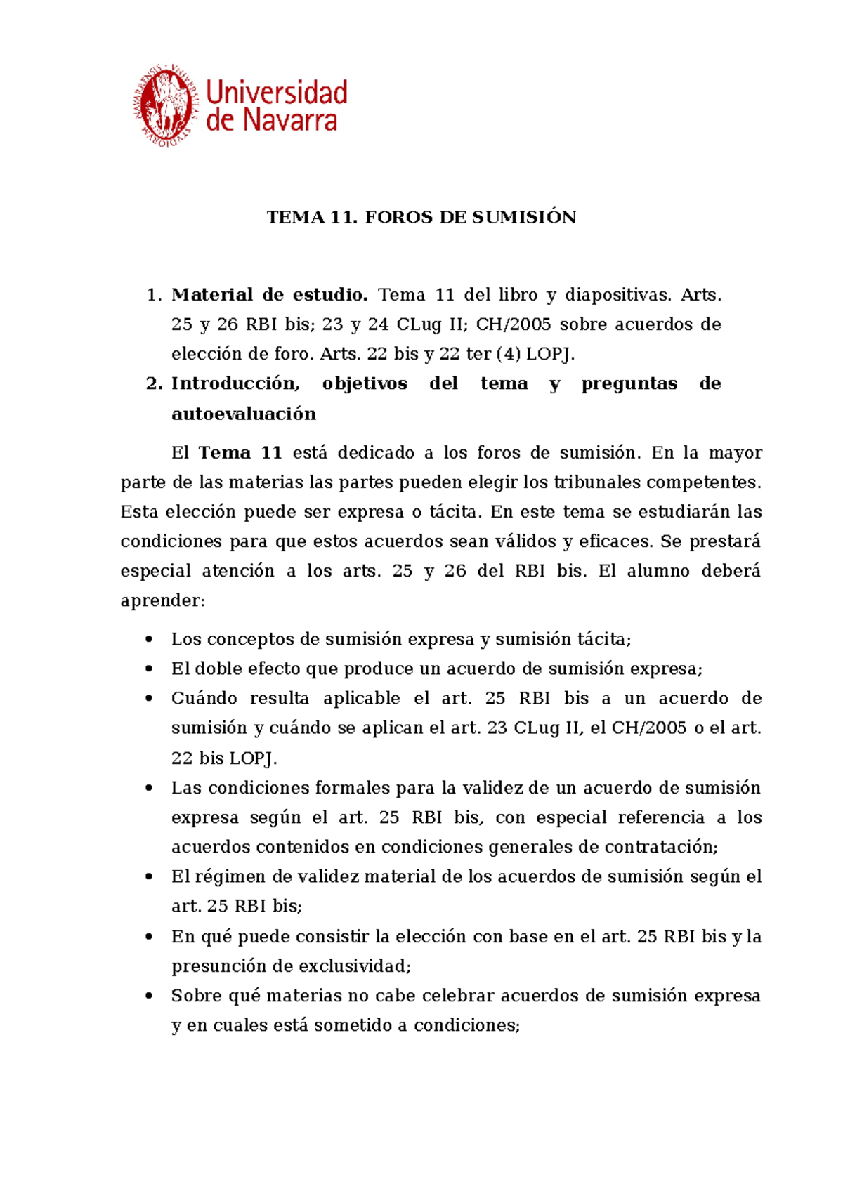 Tema 11: Análisis de Foros de Sumisión y Su Validez Legal - Studocu