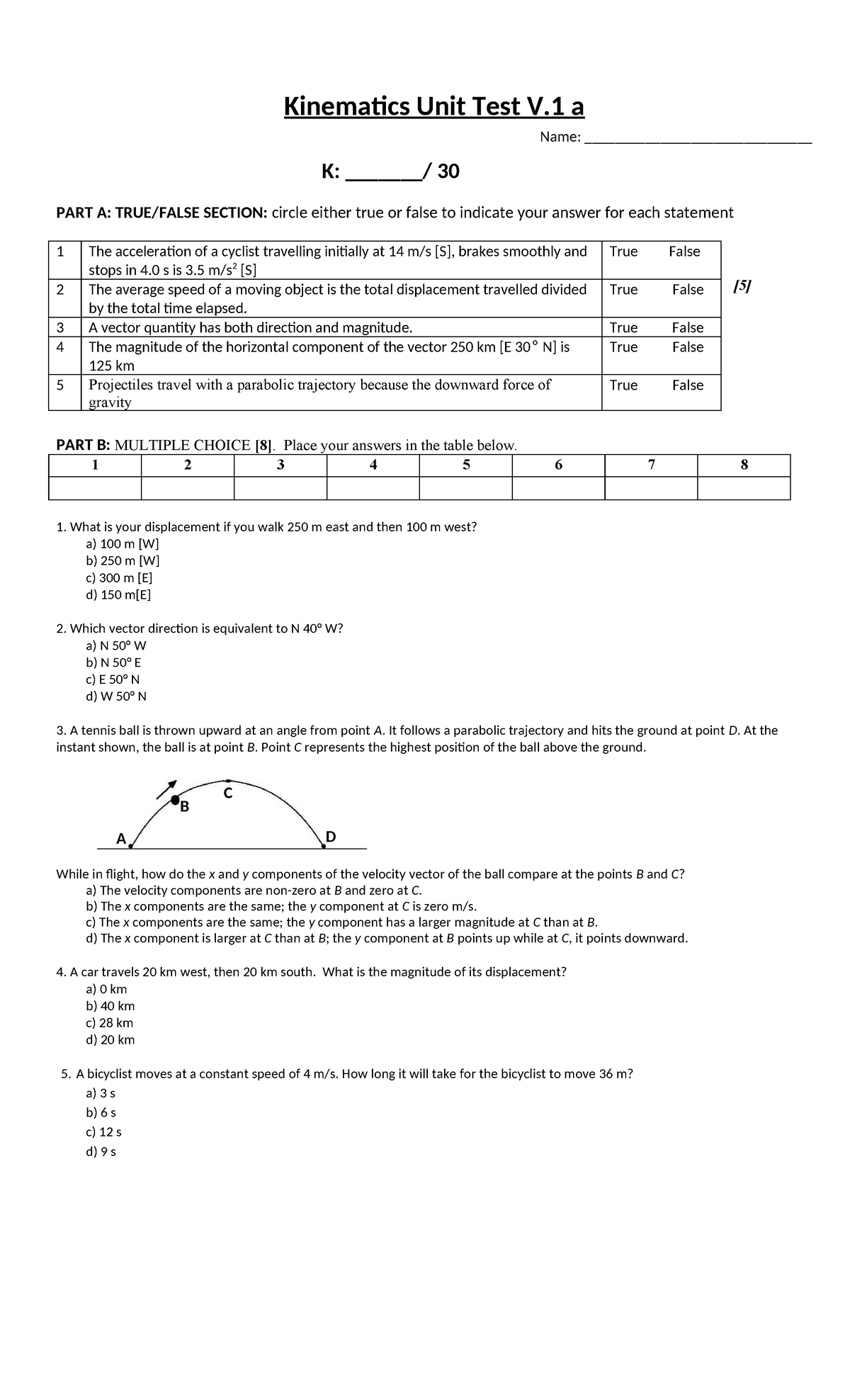 Kinematics Unit Test V.1: True/False & Multiple Choice Questions - Studocu