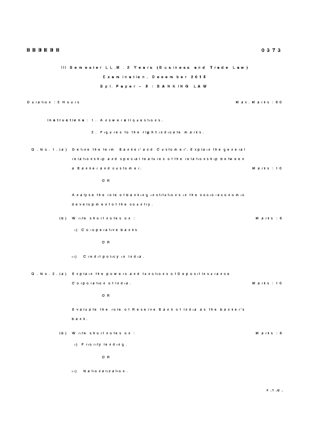 0373 LL.M. Banking Law Exam Dec 2015 - Question Paper - Studocu