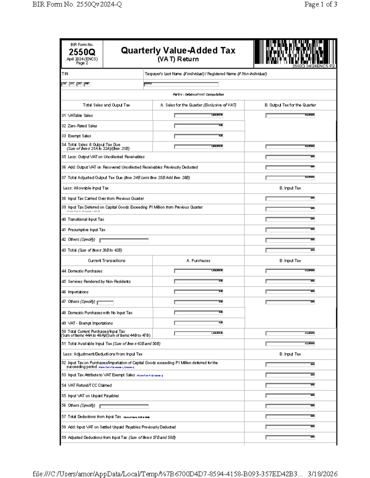 BIR Form 2550Q - Quarterly VAT Return April 2024 (Page 2) - Studocu