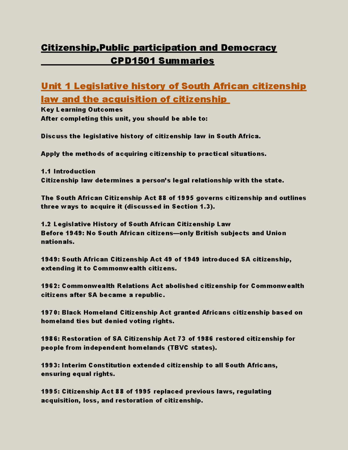 CPD1501 Unit 1: Legislative History of South African Citizenship Law ...