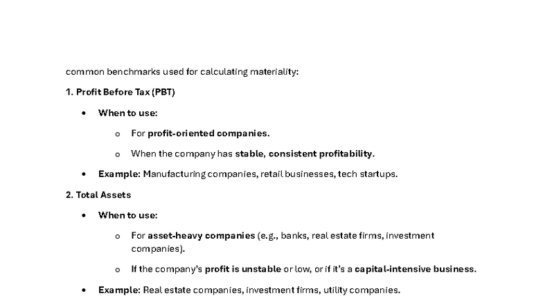 Materiality Benchmarks: PBT, Total Assets, Revenue, Equity & Expenses ...