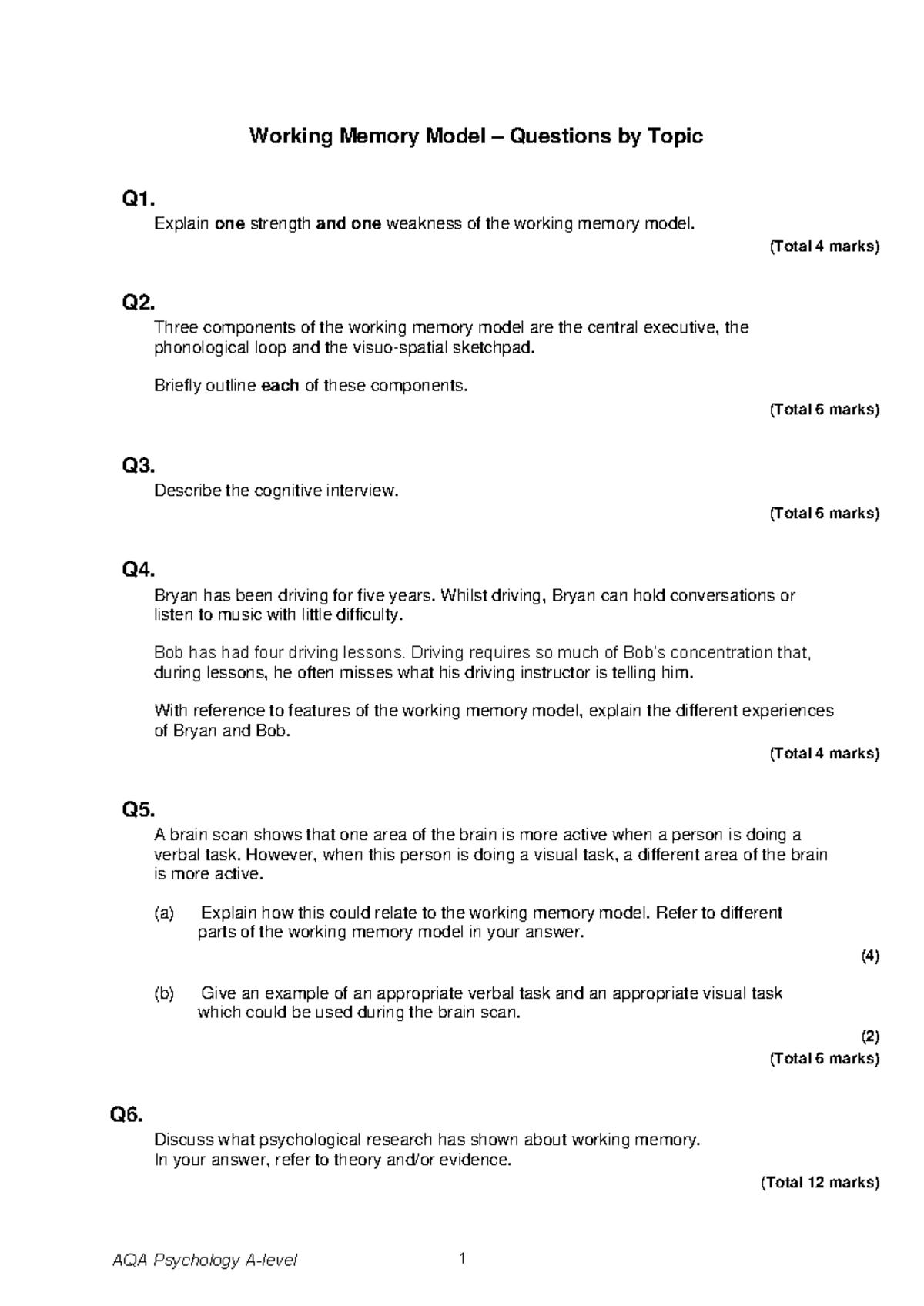 AQA Psychology 1: Working Memory Model - Key Questions & Notes - Studocu
