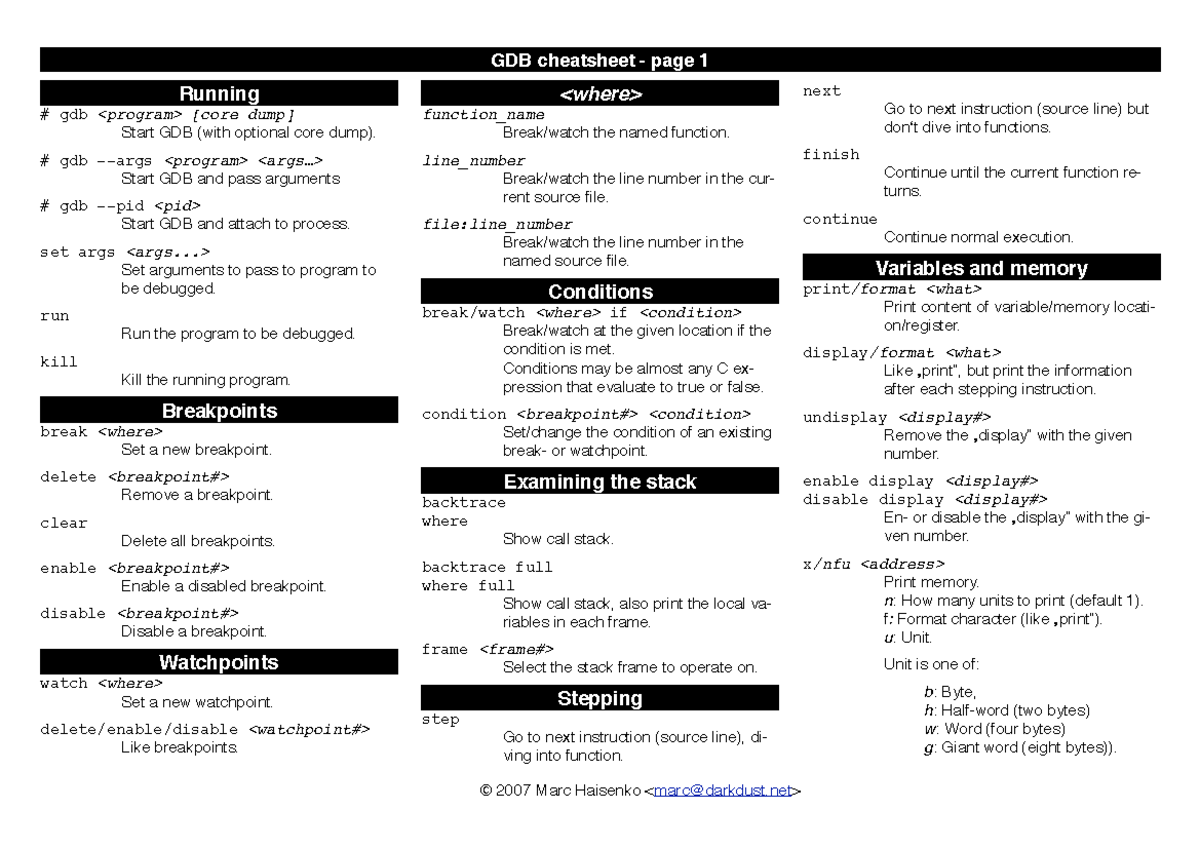 Gdb Cheat Sheet ádfasdfasdfasdf Running Gdb Core Dump Start Gdb