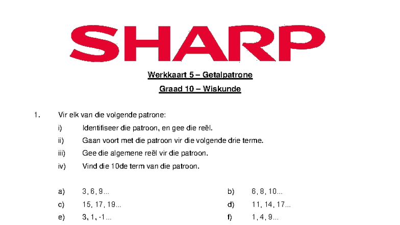 Werkkaart 5: Getalpatrone en Formules - Graad 10 Wiskunde - Studocu