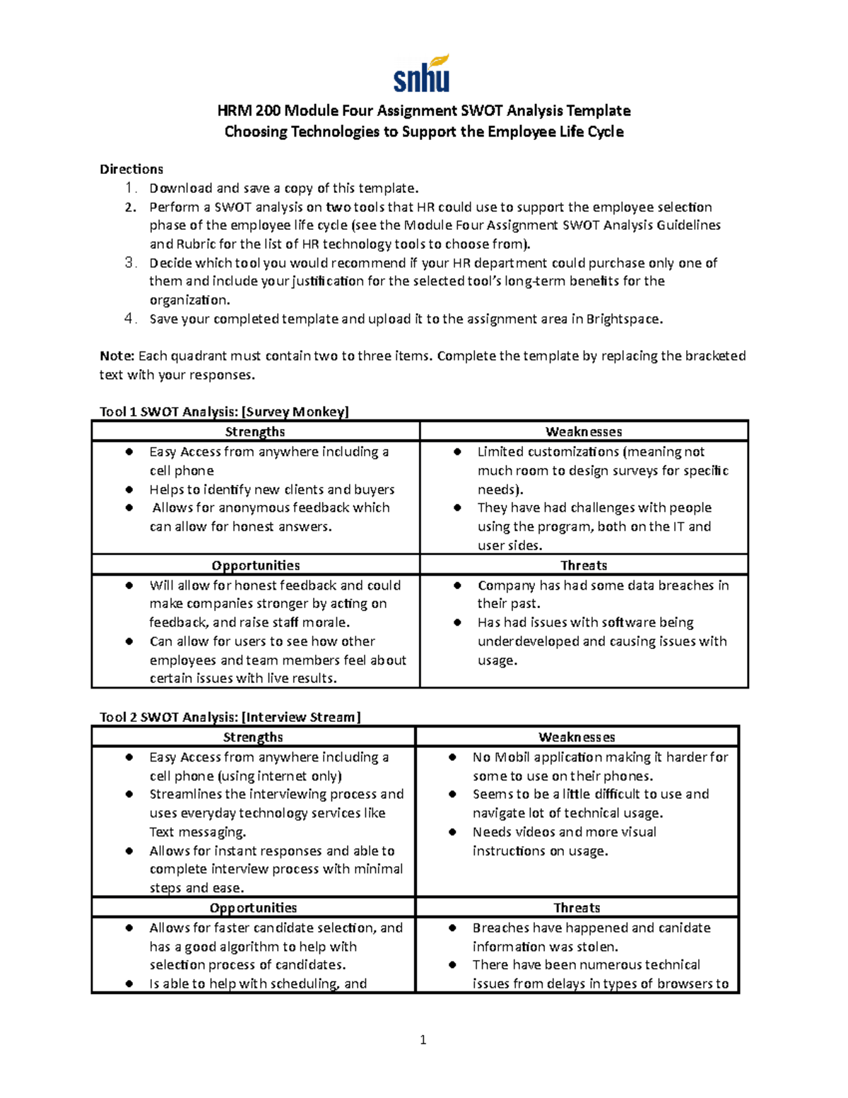 HRM 200 Module Four Assignment: SWOT Analysis on HR Tech Tools - Studocu