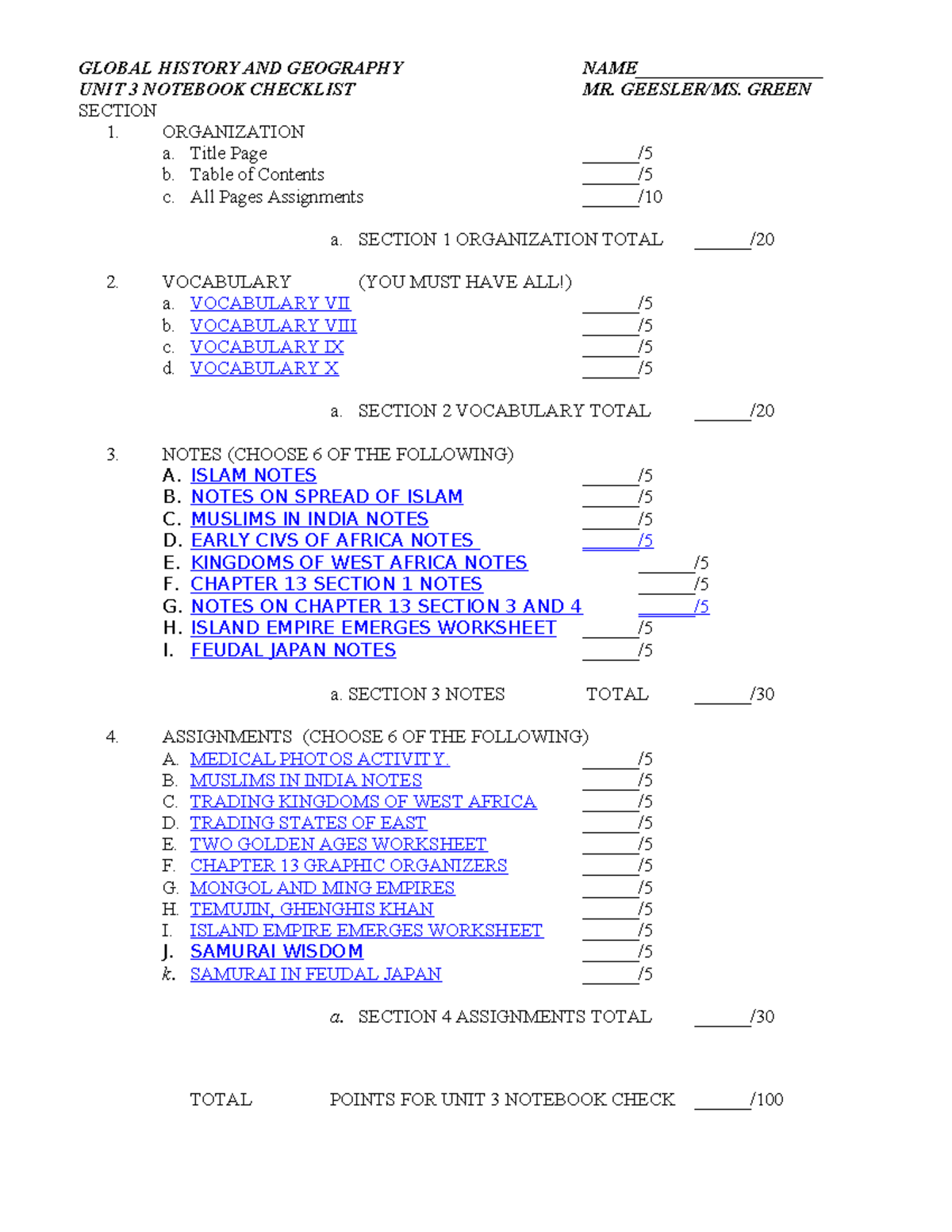 Global History & Geography: Unit 3 Notebook Checklist - Studocu