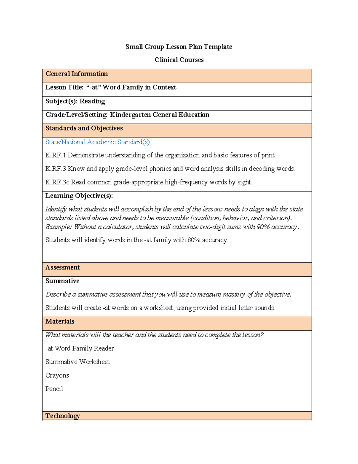 KIND 101: Small Group Lesson Plan on Word Families - Studocu