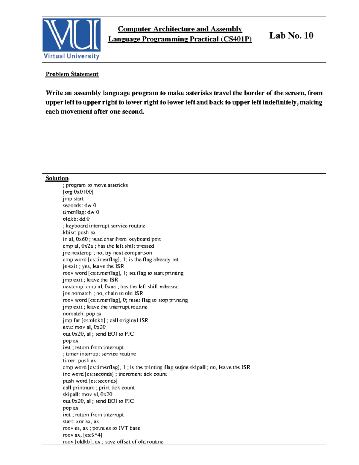 Lab No. 10 Assembly Language Program for CS401P - Studocu