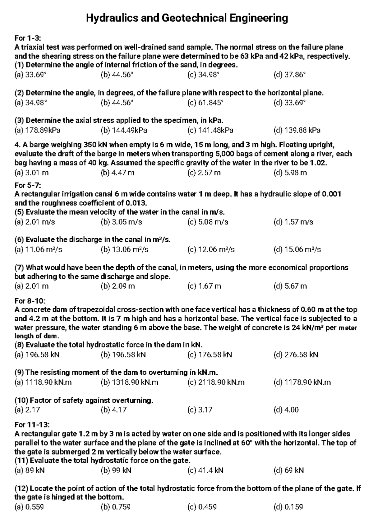 HGE-SET1 - HGE Terms Practice Problems - Hydraulics and Geotechnical ...