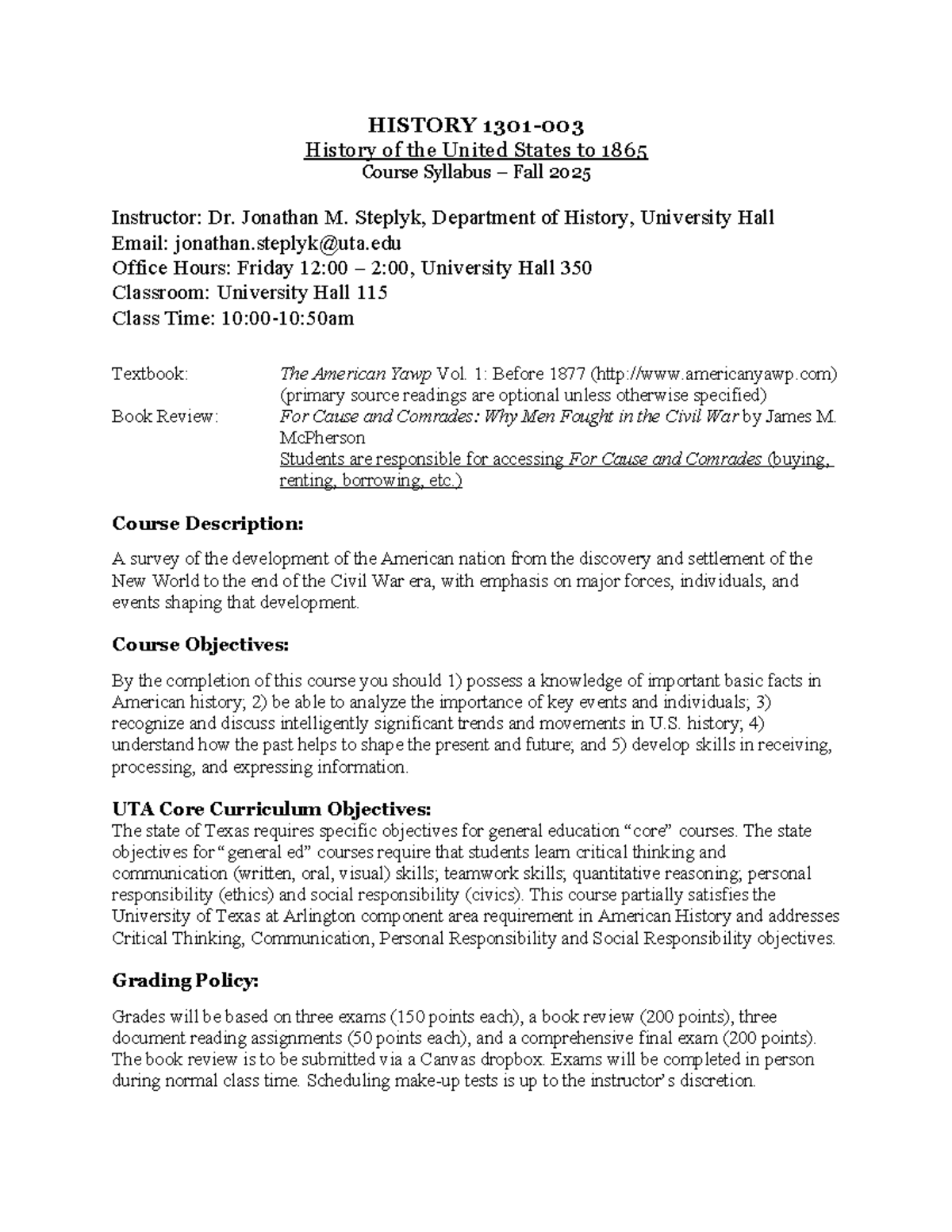 HIST 1301-003: U.S. History to 1865 Course Syllabus - Fall 2025 - Studocu