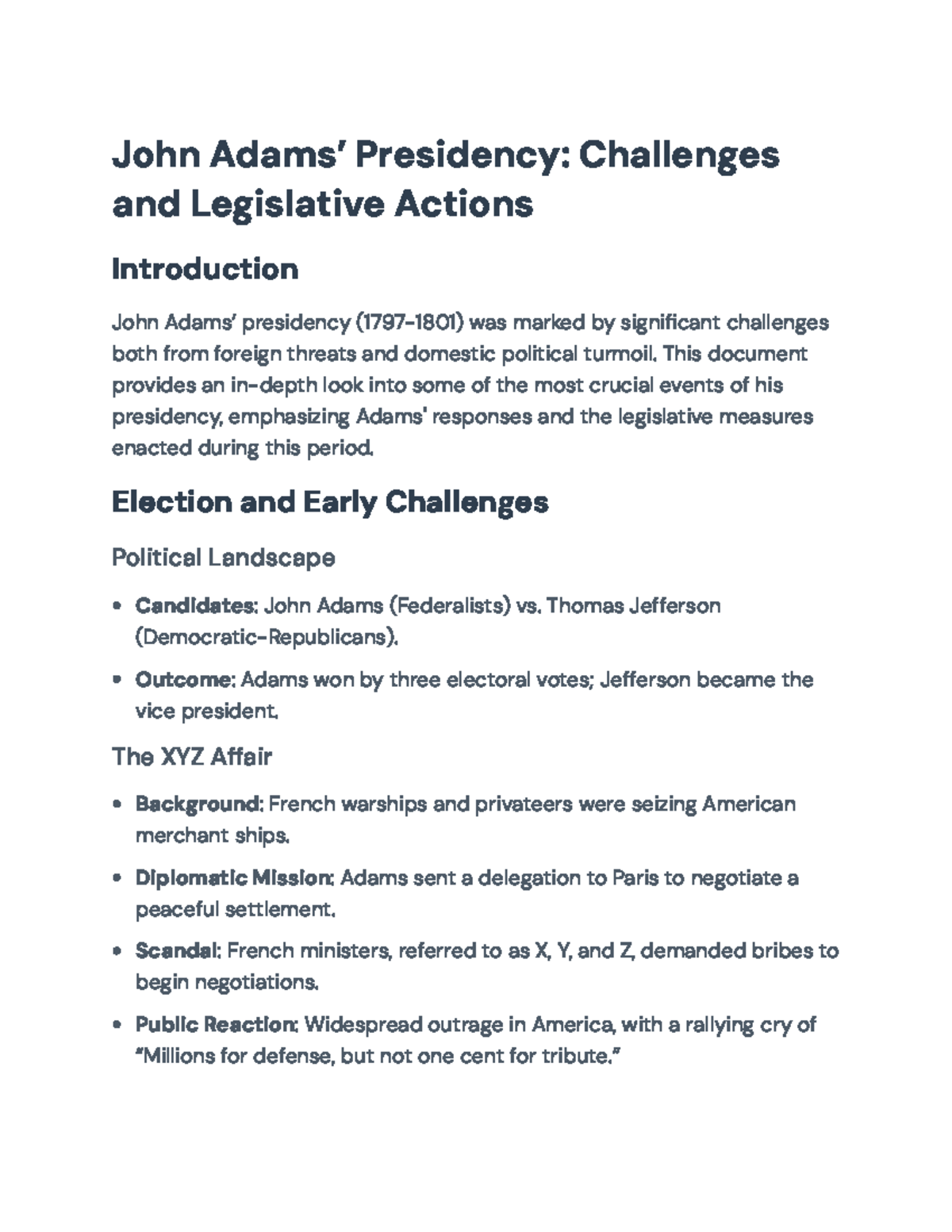 John Adams' Presidency: Key Challenges & Legislative Actions (HIST 101 ...