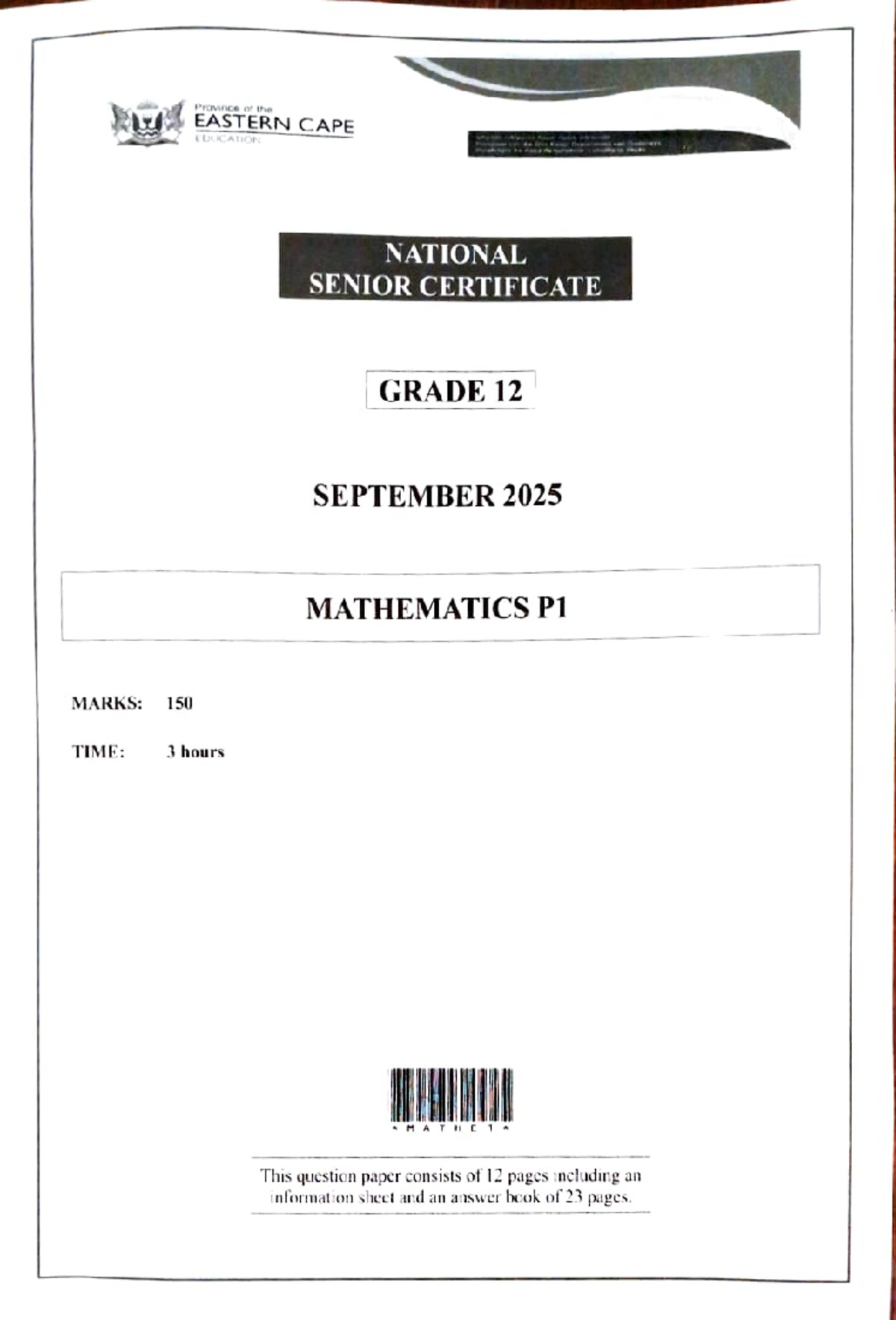 Maths P1 QP - Eastern Cape - Prelim Exam September 2025 - Studocu