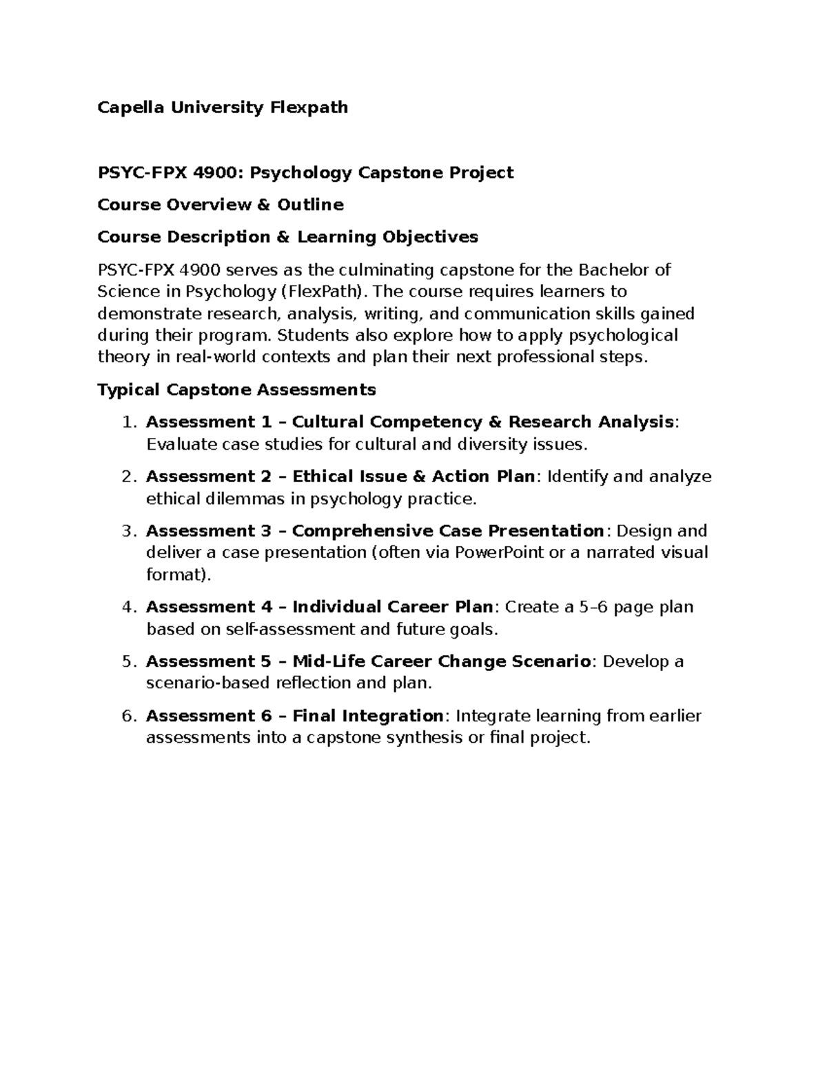 PSYC-FPX4900: Psychology Capstone Project Overview & Assessments - Studocu