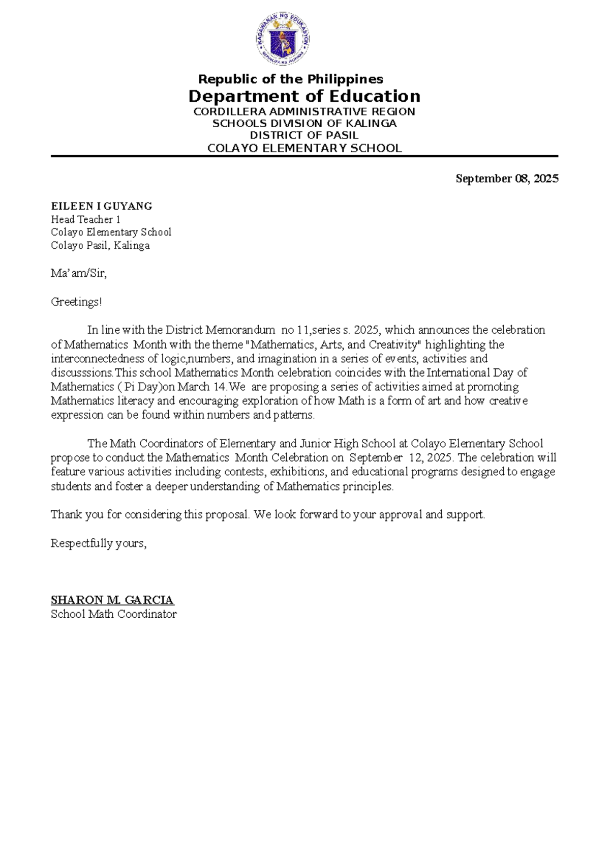 Mathematics Month Celebration Proposal 2025 - Colayo Elementary School ...