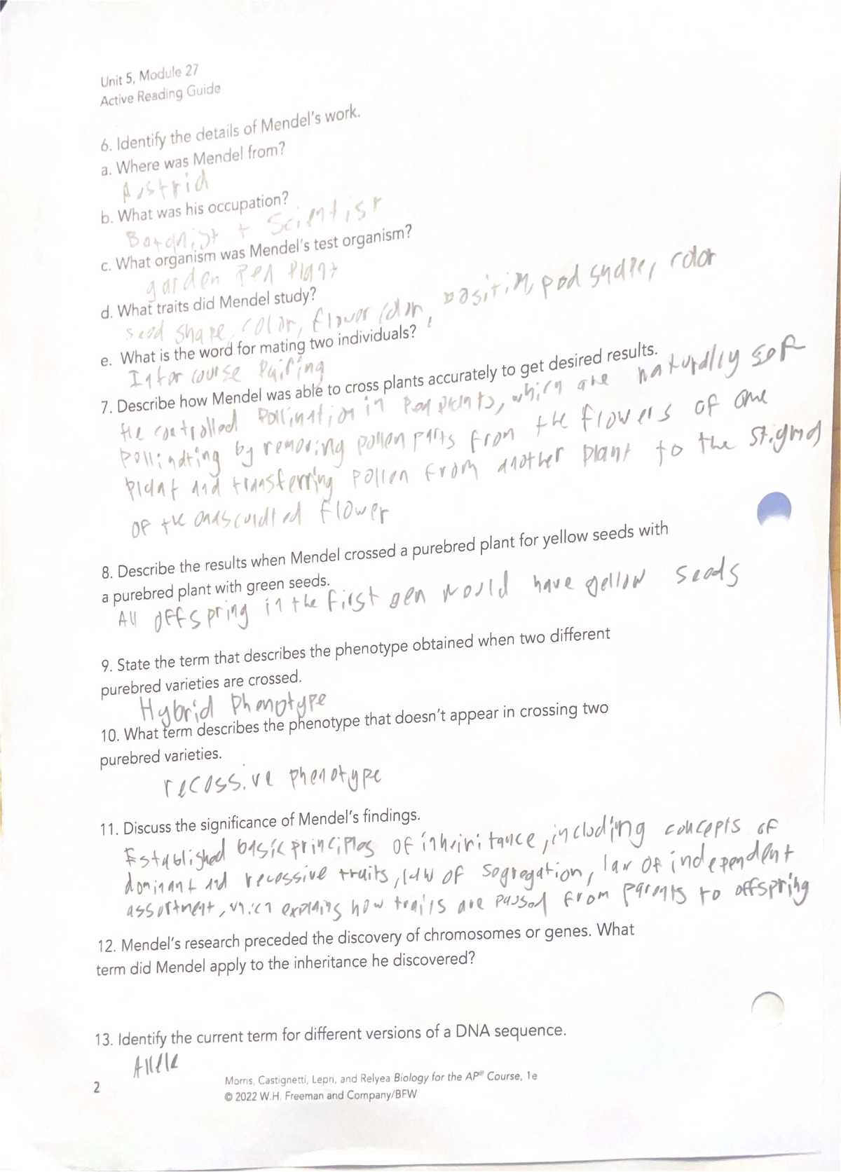 Unit 5, Module 27: Mendel's Genetics Active Reading Guide - Studocu