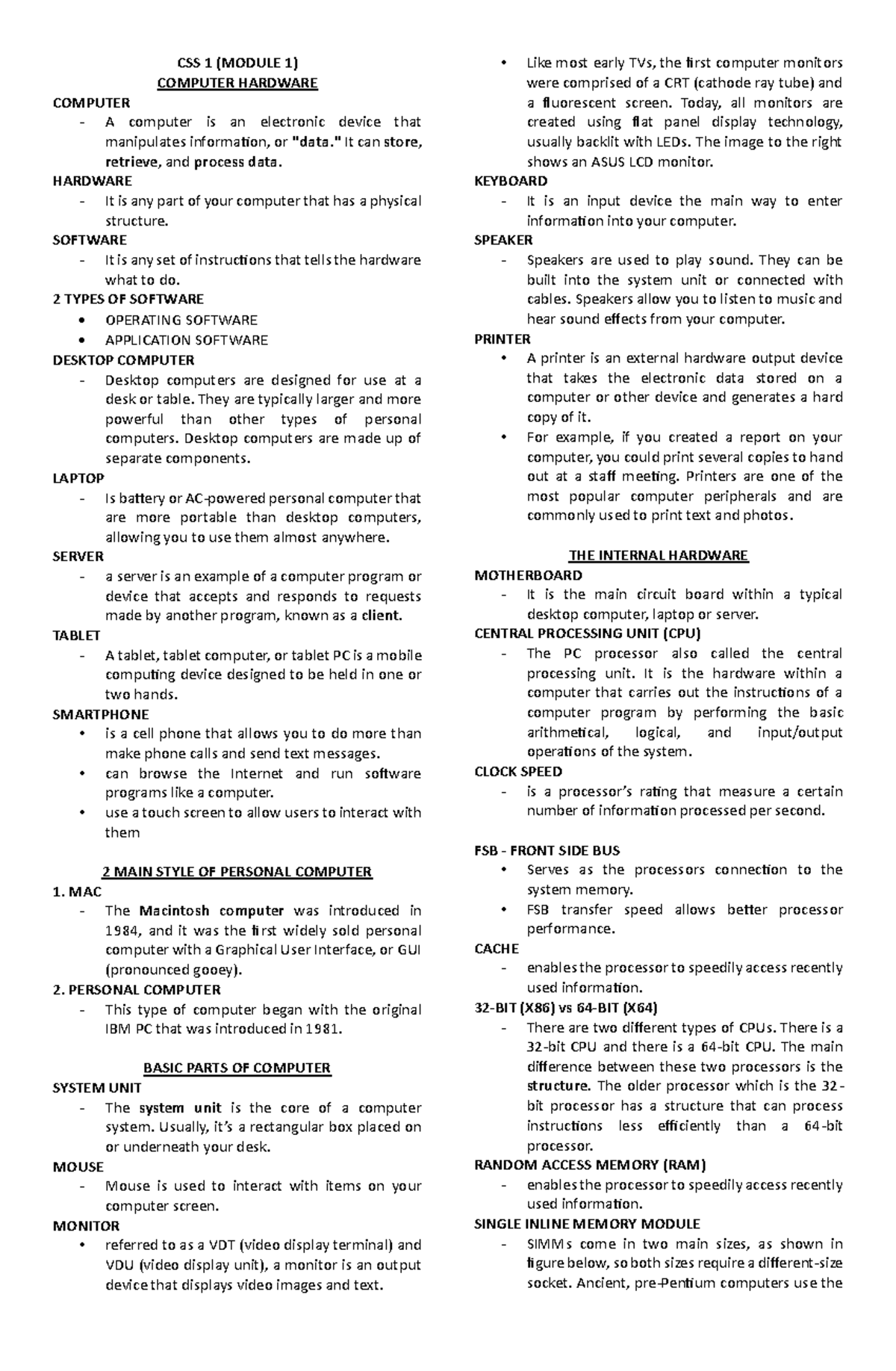 CSS 1 Reviewer ( Module 1) - CSS 1 (MODULE 1) COMPUTER HARDWARE COMPUTER A computer is an ...