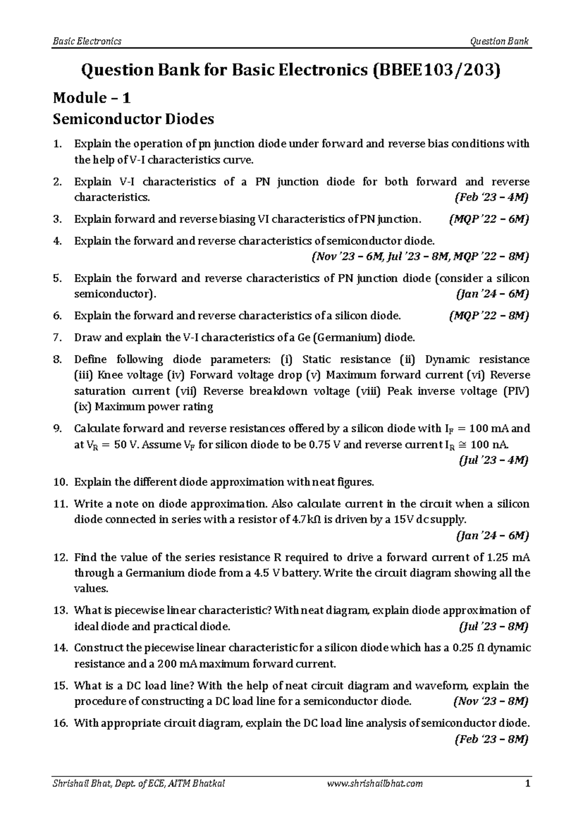 Basic Electronics Question Bank (BBEE 103/203) - Studocu