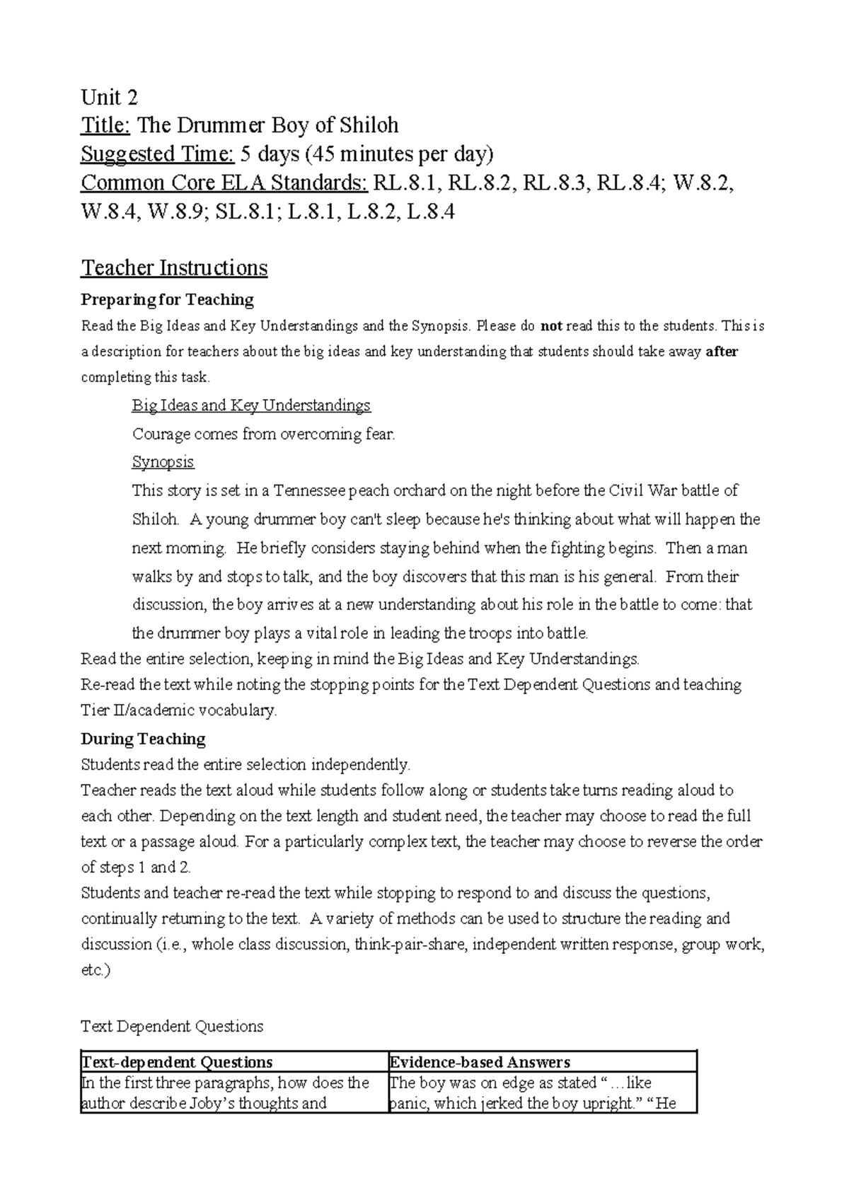 8. The Drummer Boy of Shiloh. lesson - Anthology - Unit 2 Title: The ...