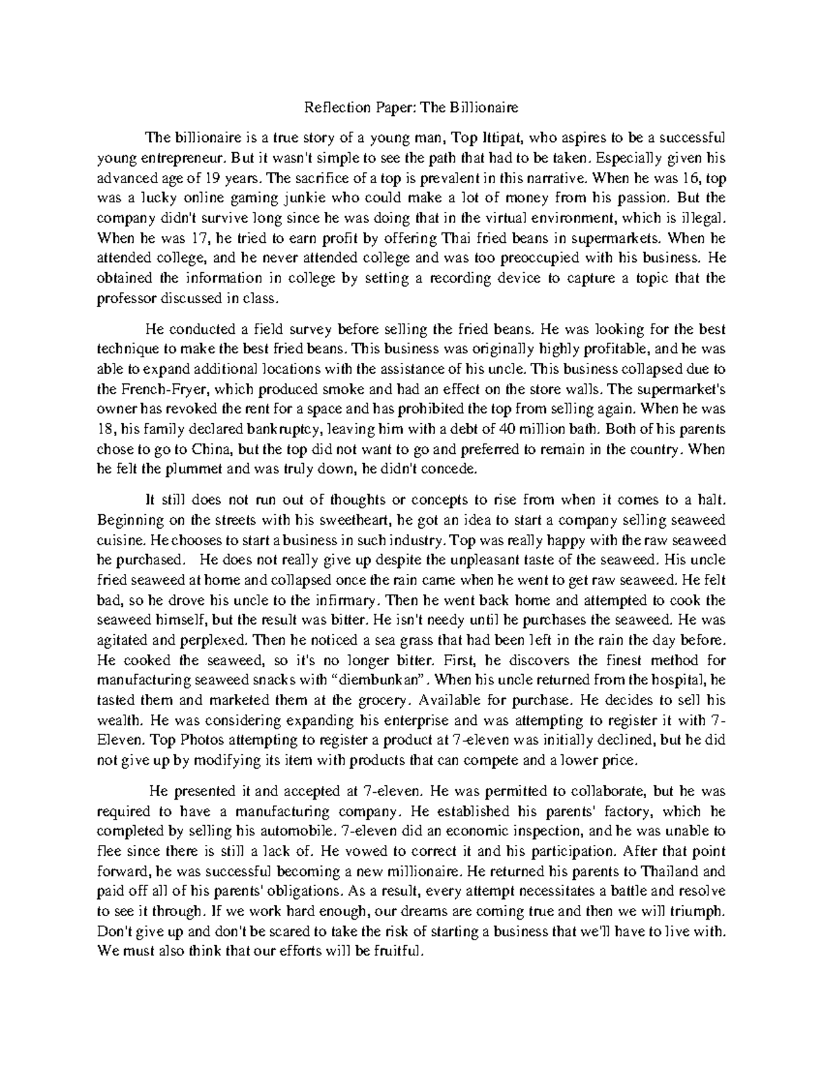 Reflection Paper Thebillionaire - Reflection Paper: The Billionaire The ...