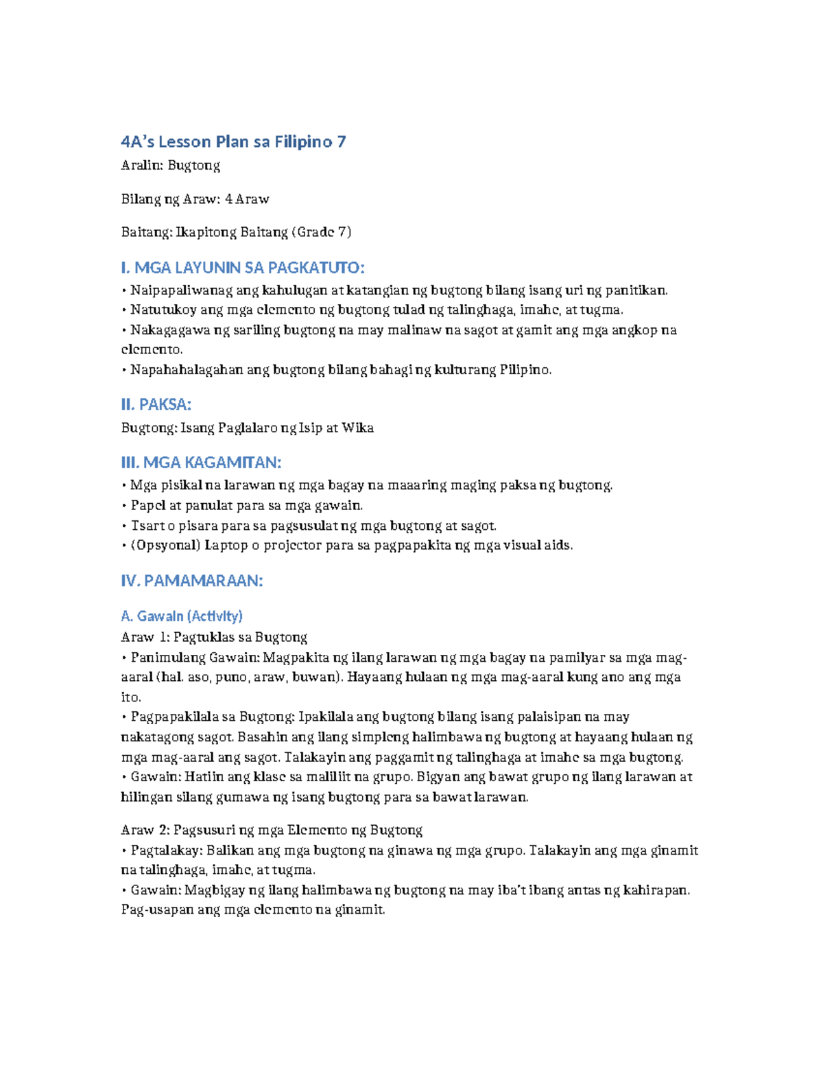 Lesson Plan sa Filipino 7: Bugtong at mga Elemento nito - Studocu