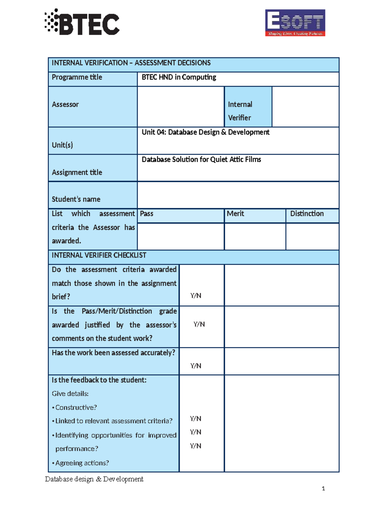 BTEC HND Computing Unit 04: Database Design Development Assessment ...