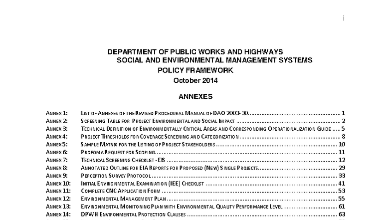 DPWH SEMS Policy Framework & Annexes (Jan 2015) - Studocu