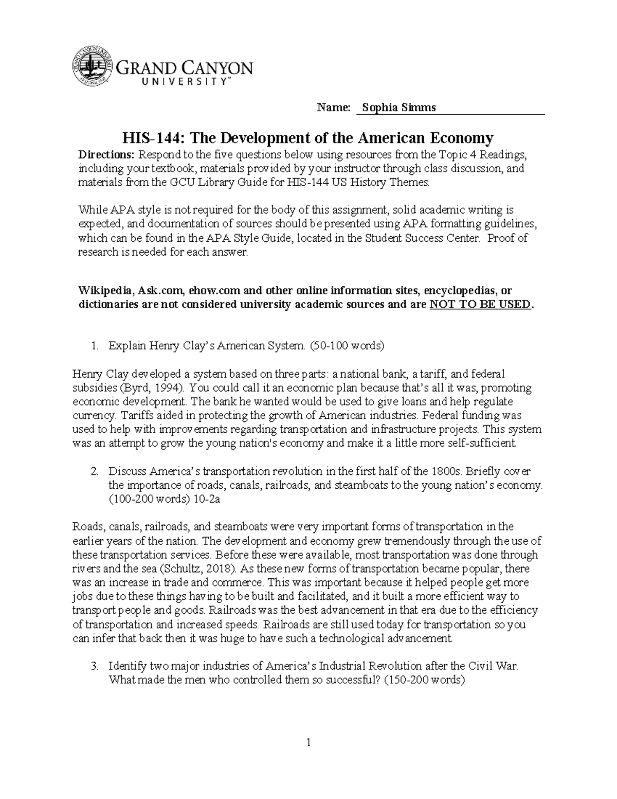 HIS144 - Examining the Development of the American Economy - Studocu