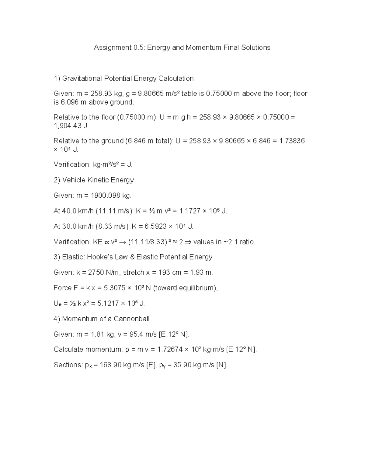 Assignment 0.5: Final Solutions for Energy & Momentum Calculations ...