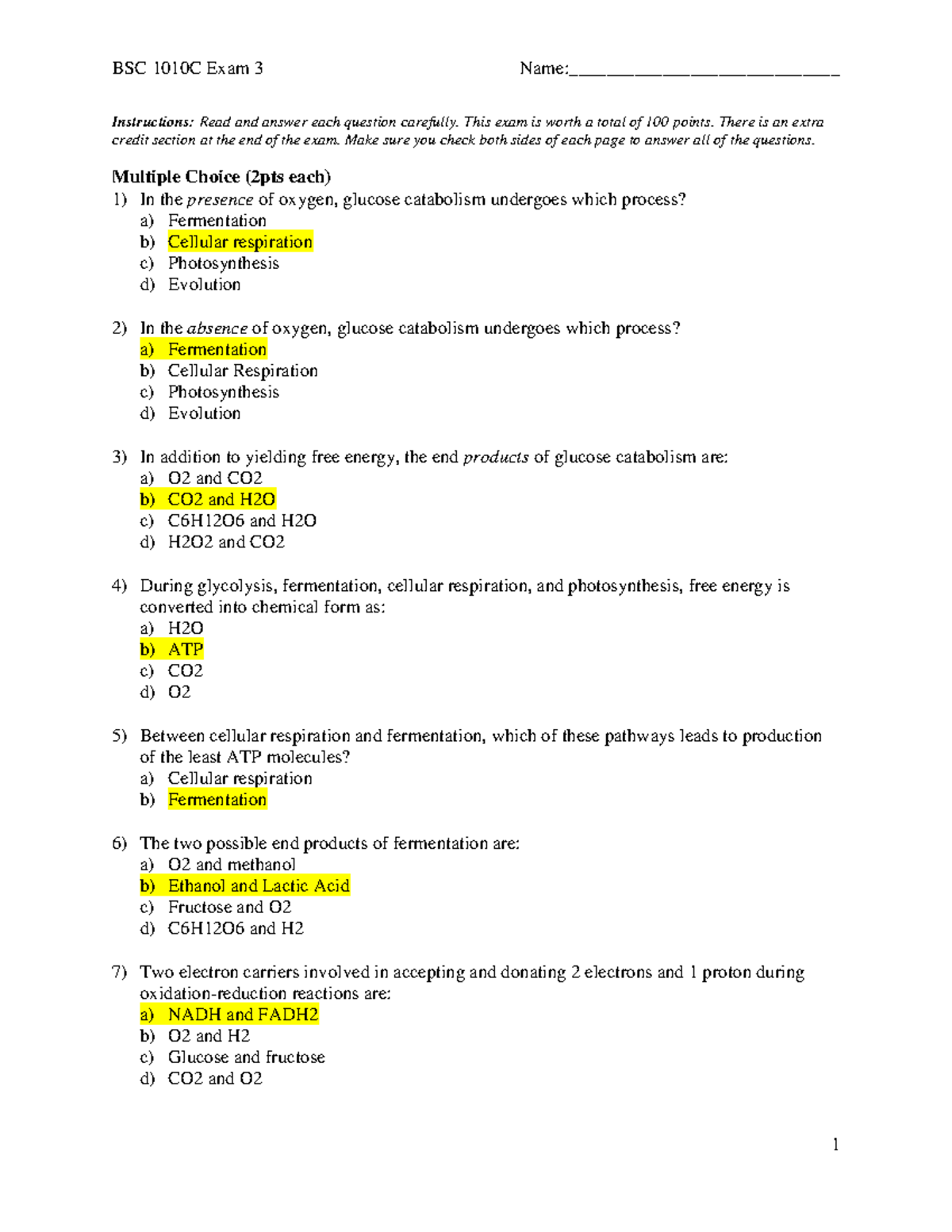 Biology 101 Exam 3 Practice Exam Key and Solutions - Studocu