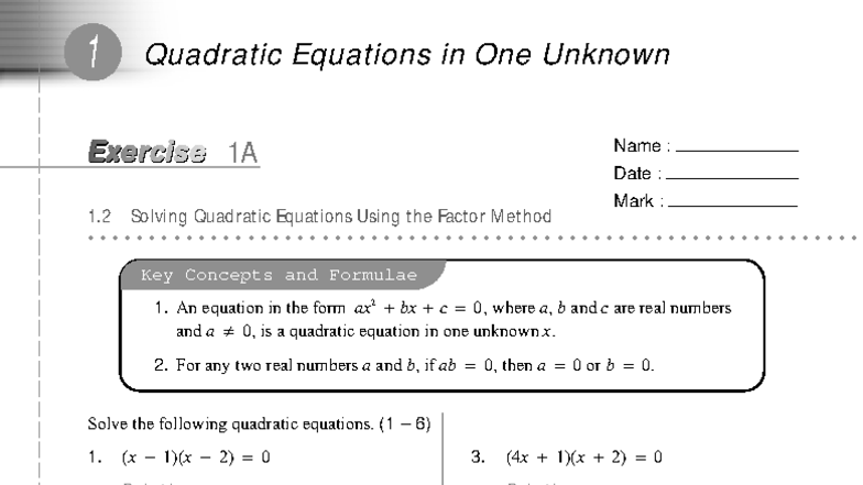 Quadratic Equations in One Unknown: Factor Method & Roots Analysis (1A ...
