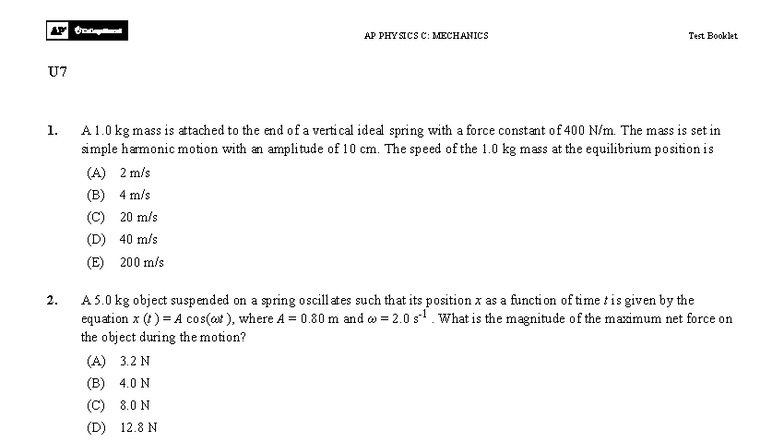 AP PHYSICS C: MECHANICS U7 Practice MCQ Test Booklet - Studocu