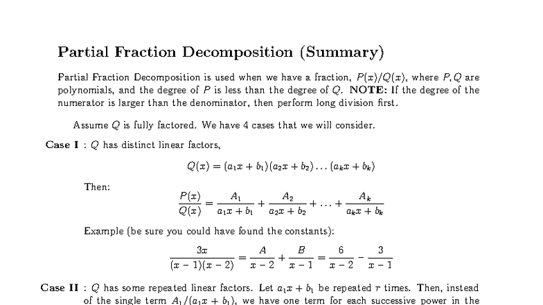 Partial Fractions (Summary) - Math 101 - Studocu