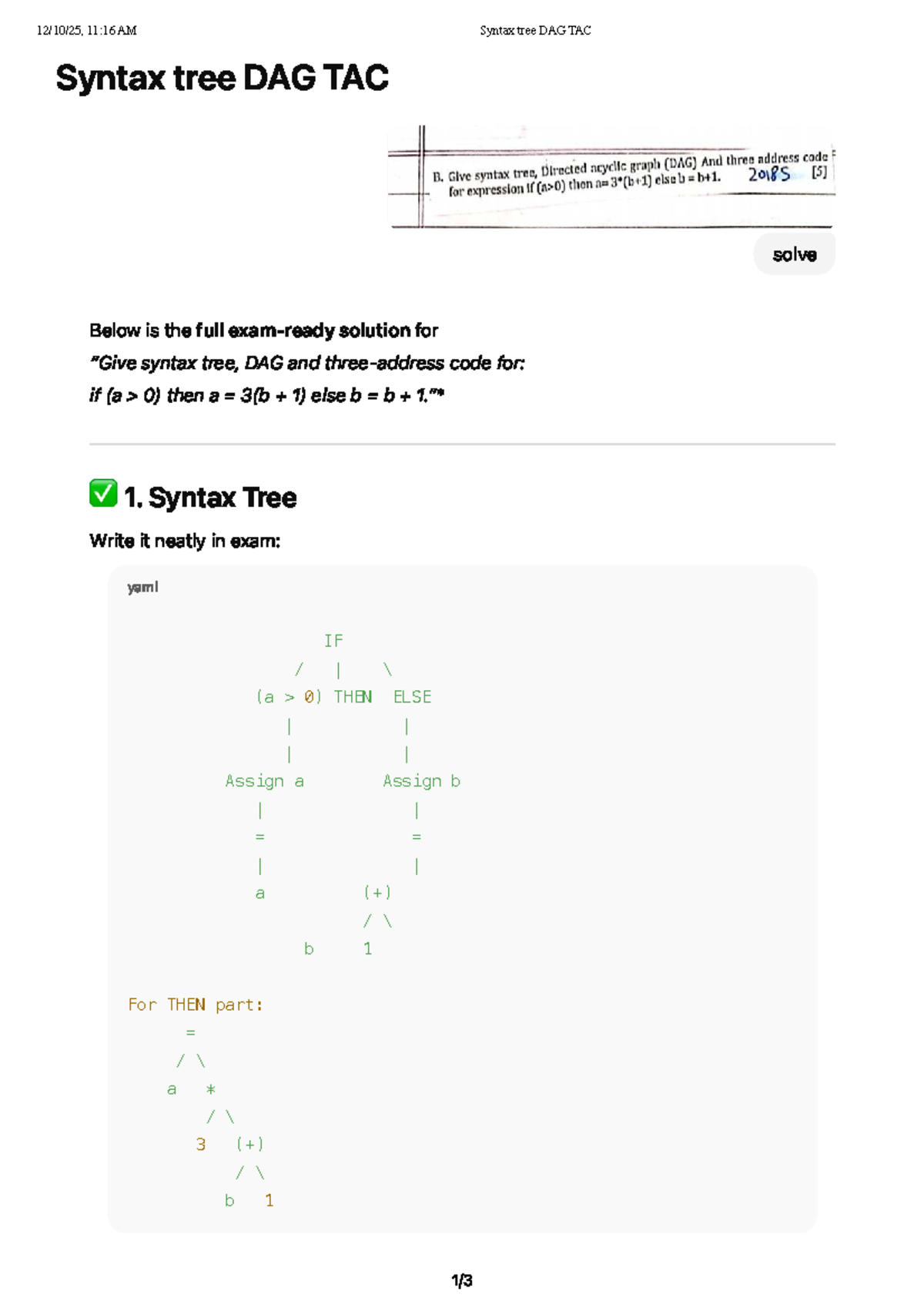 Syntax Tree, DAG, and TAC Solutions - Compiler Design - Studocu